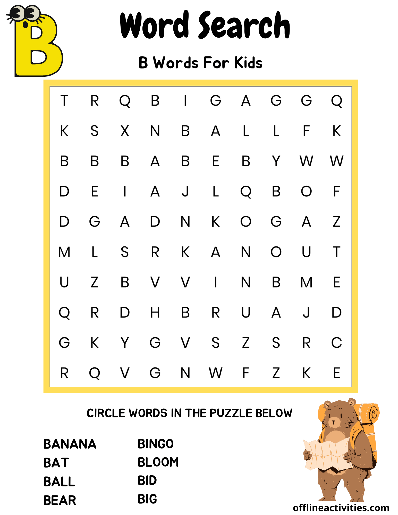 Word Searches Printable Free -B Words For Kids