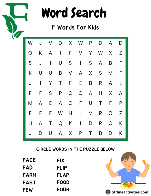 Word Search for Kindergarteners-F Words For Kids - Offline Activities