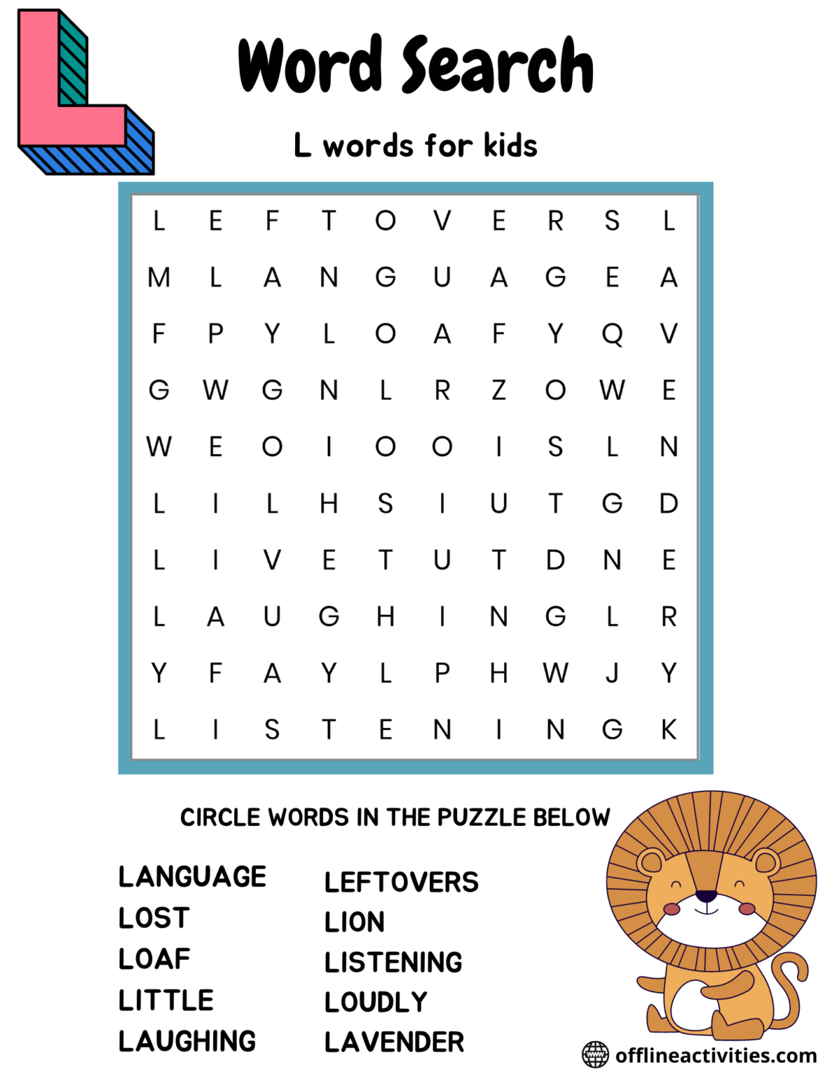Words That Start With L - Offline Activities