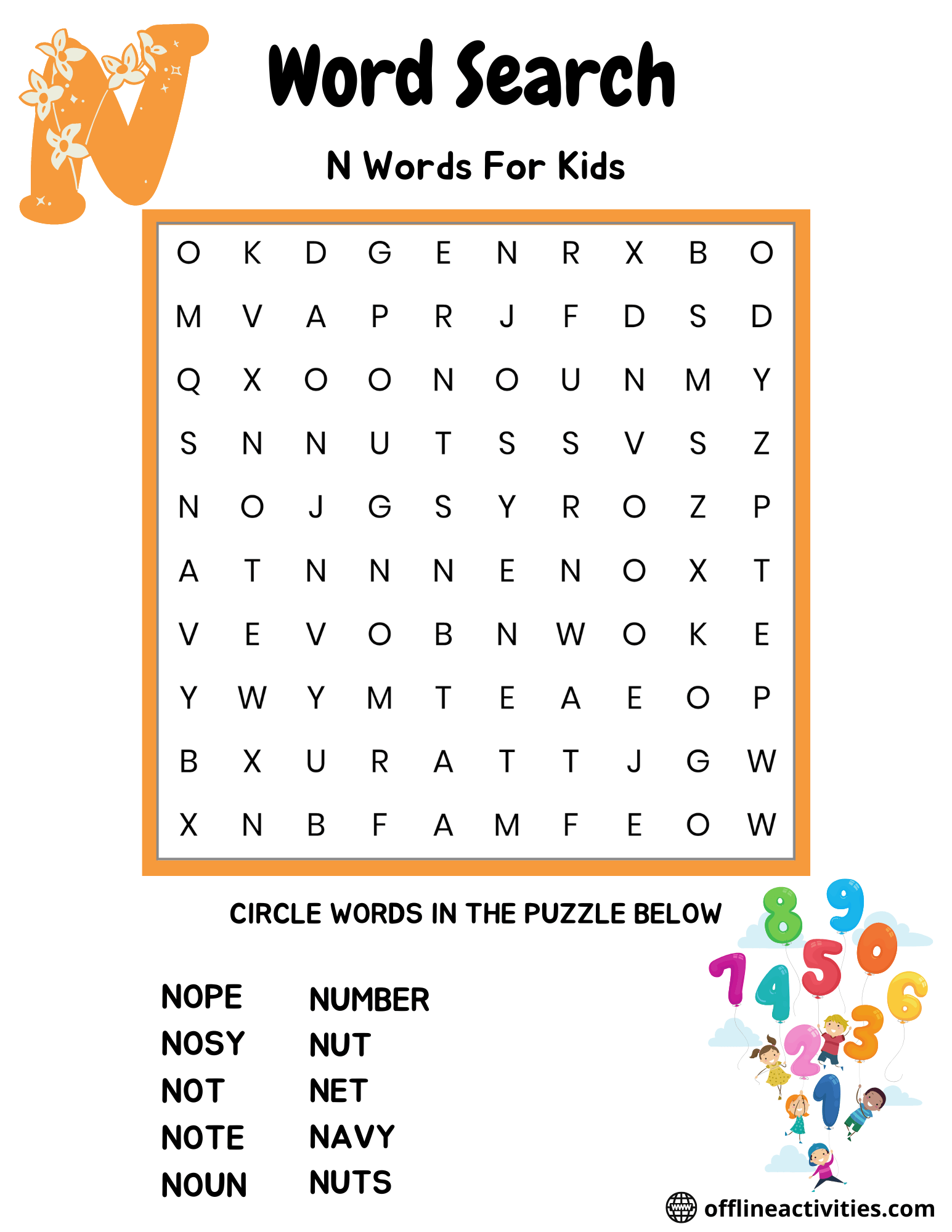 N word search for kindergarteners