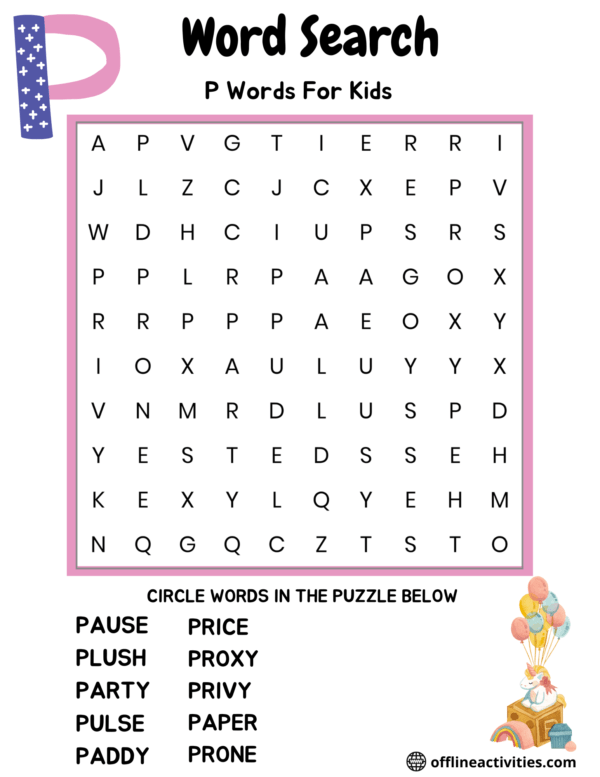Game of Word Search-P words for kids - Offline Activities