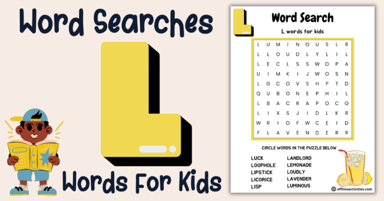Large Print Word Searches Printable-L Words for Kids - Offline Activities