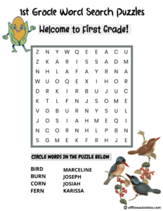 1st Grade Word Search Puzzles- Welcome to First Grade
