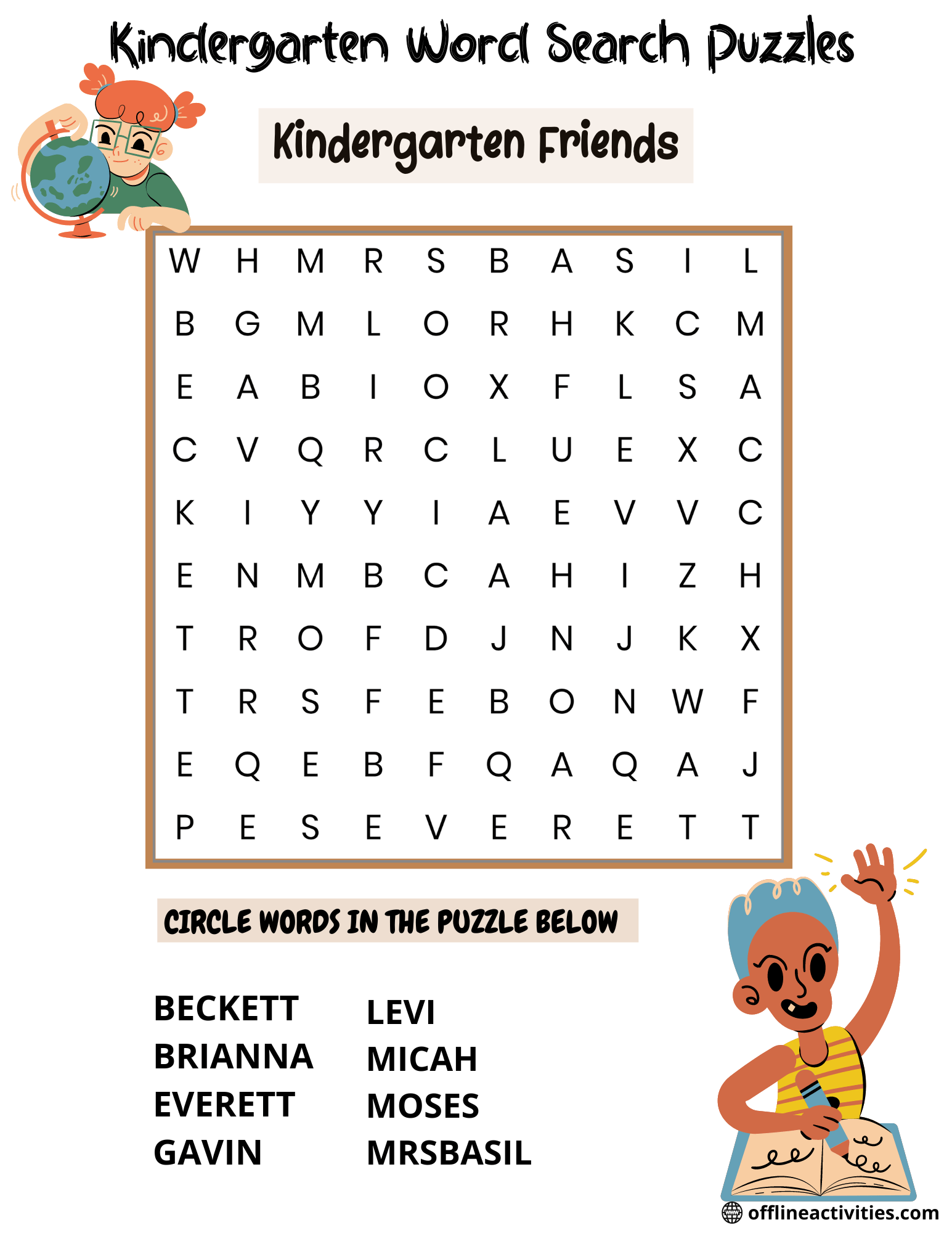 Word Search Free Printable – Kindergarten Friends - Offline Activities