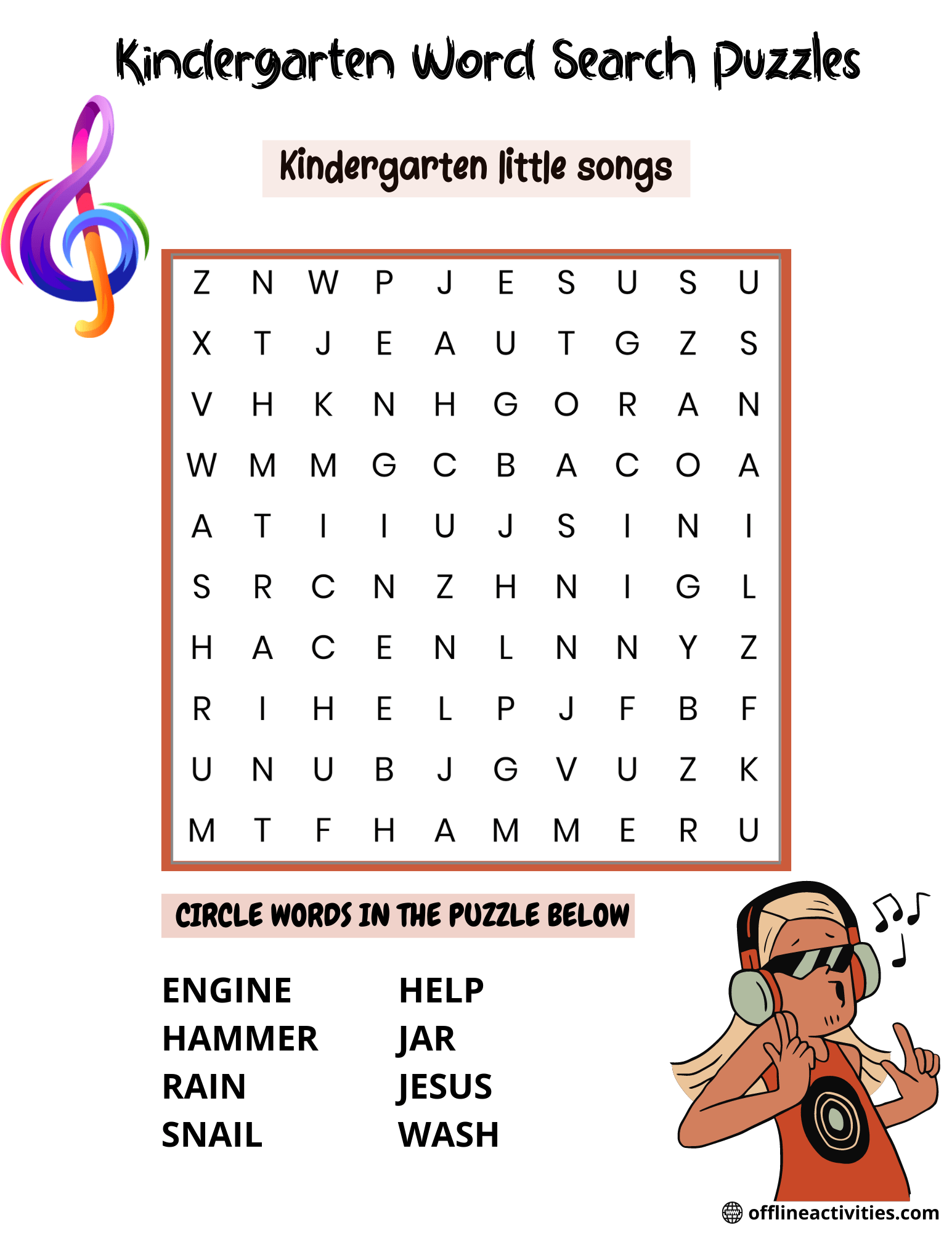 Word Search for Kindergarteners - Spelling Words - Offline Activities