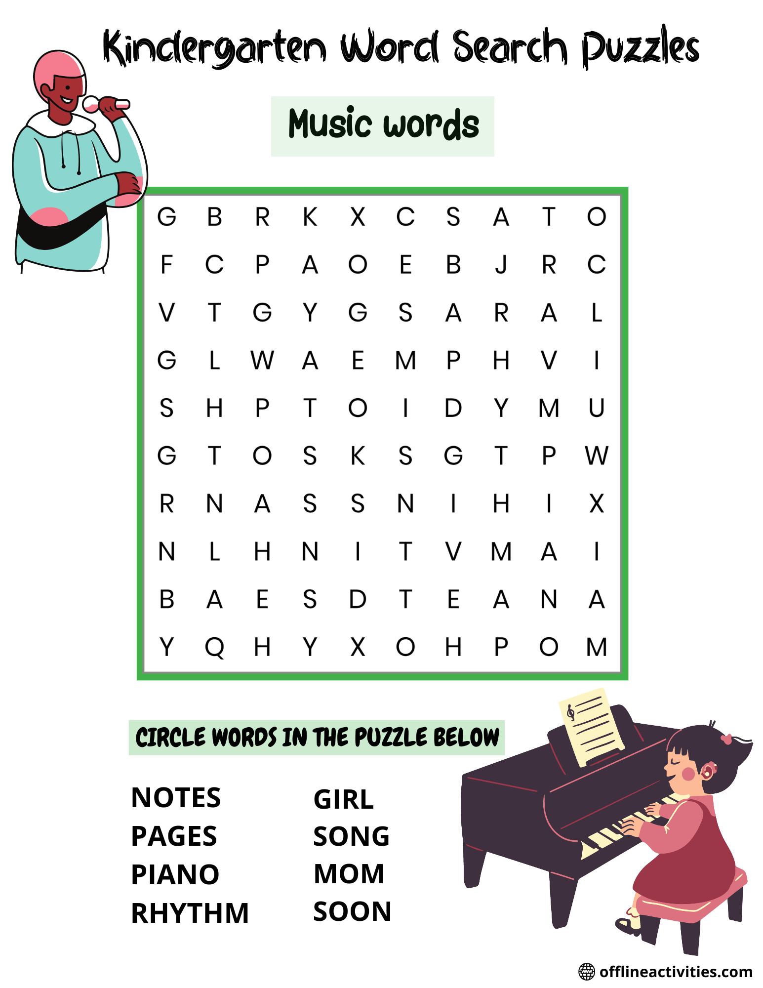 Kindergarten Word Search Puzzles – Music words - Offline Activities