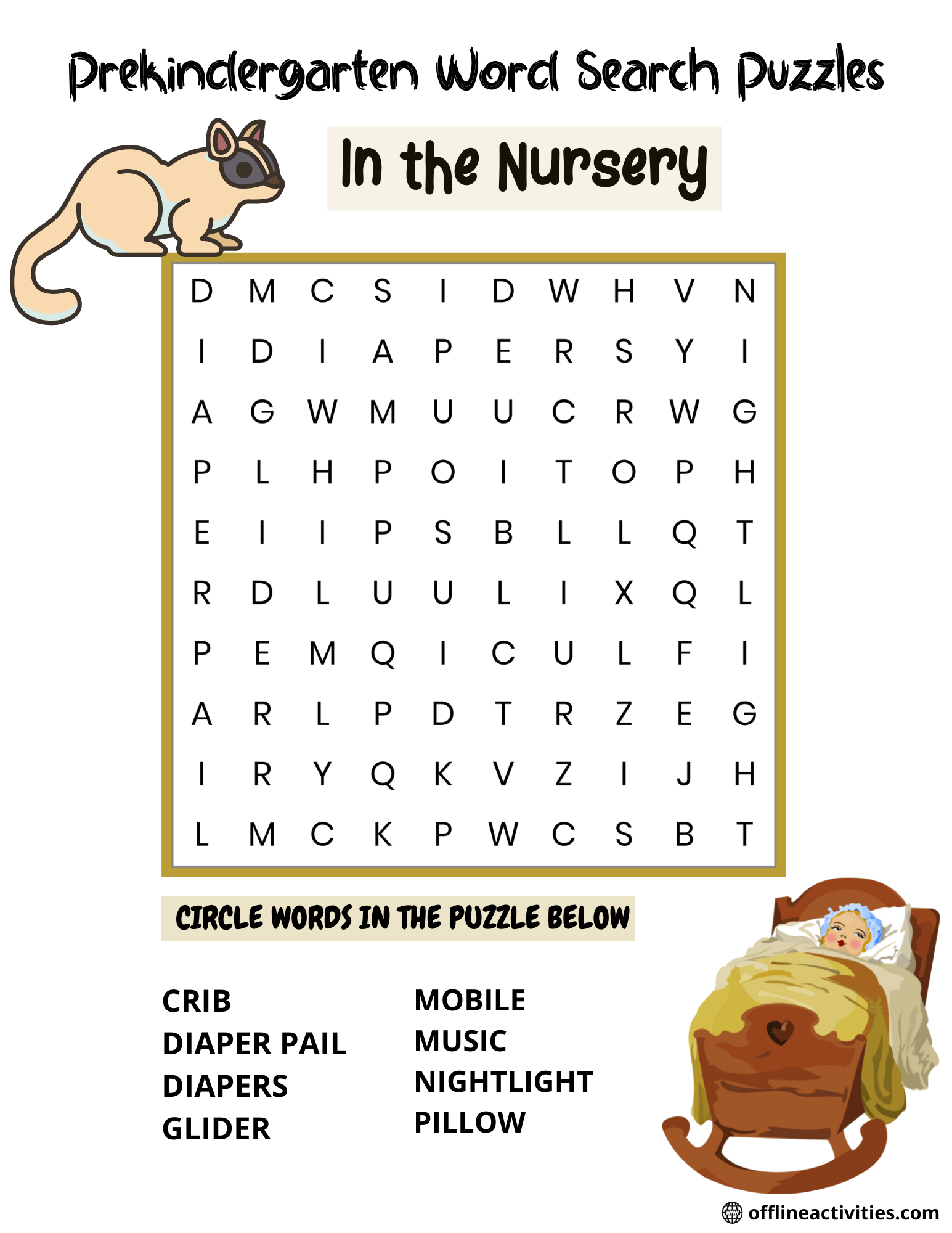 Prekindergarten Word Search Puzzles- In the Nursery