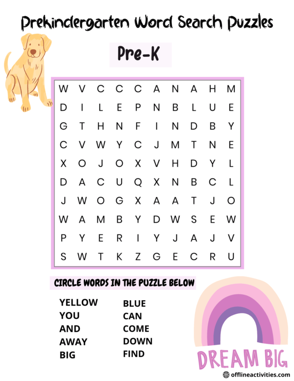Free Word Search Printable Puzzles- Pre-K Word - Offline Activities