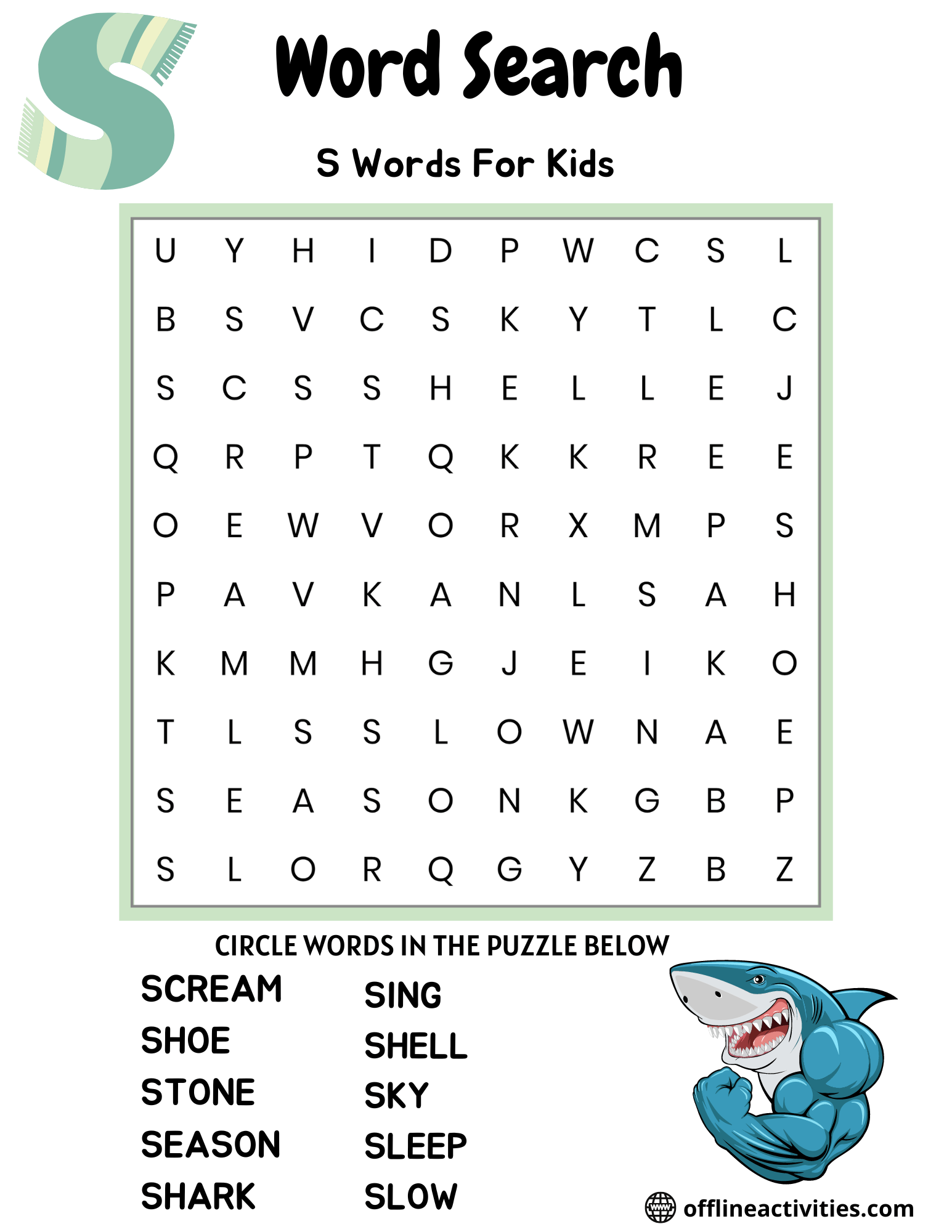 Word Search for Kindergarteners-S Words for Kids