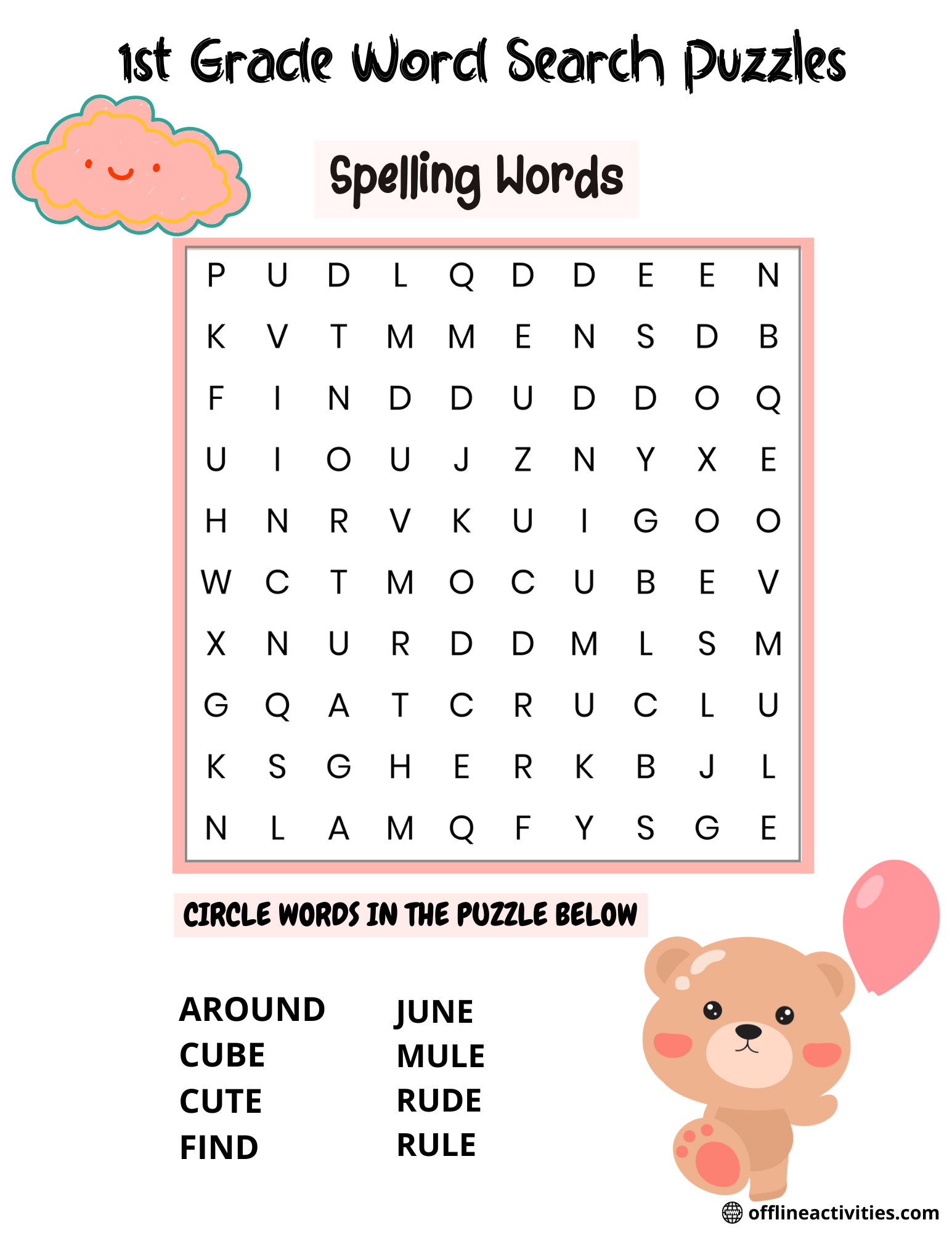 Word Search Puzzles Free- 1st Grader Spelling Words