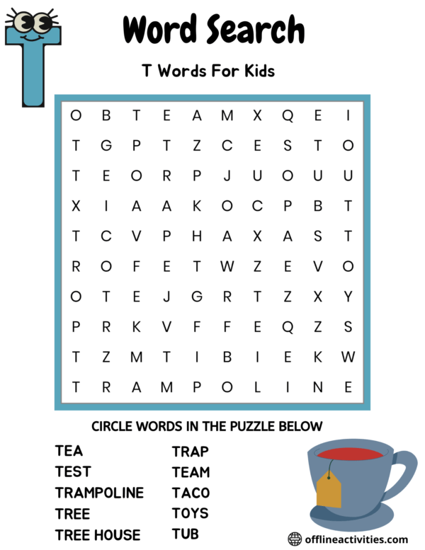 Word Search For Kindergarteners-T words for kids