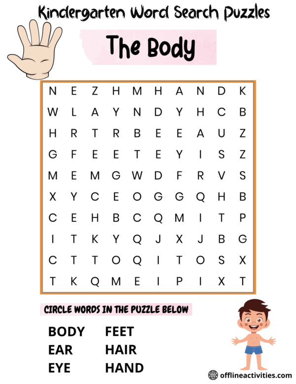Kindergarten Word Search Puzzles – The Body