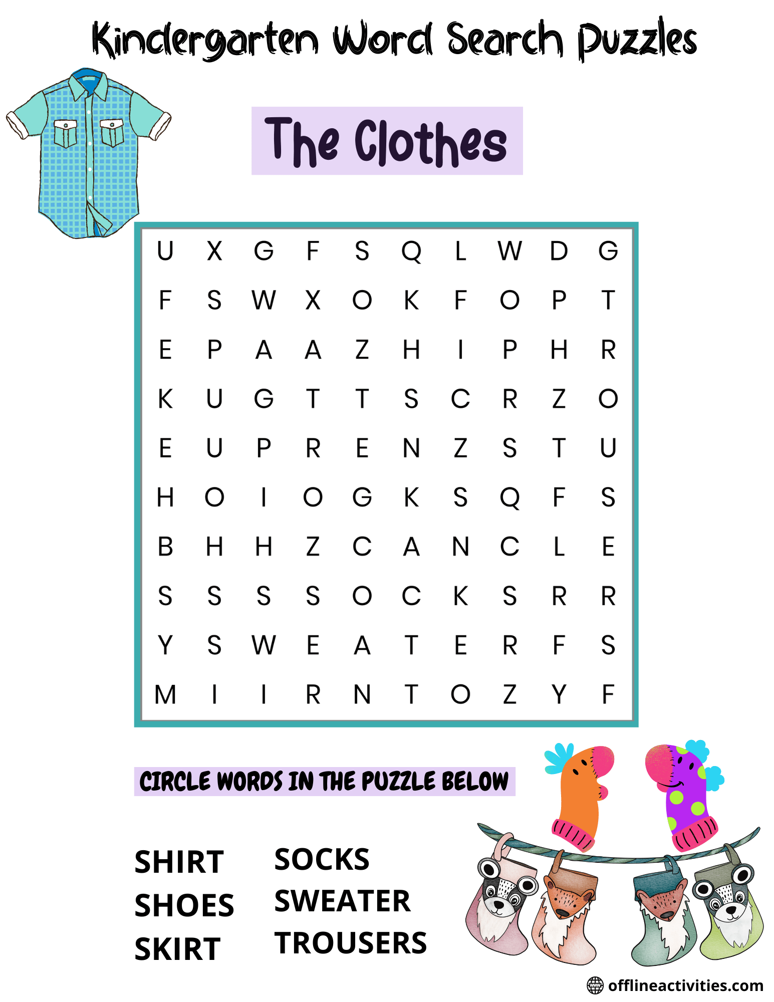 Word Search For Kindergarteners – The Clothes
