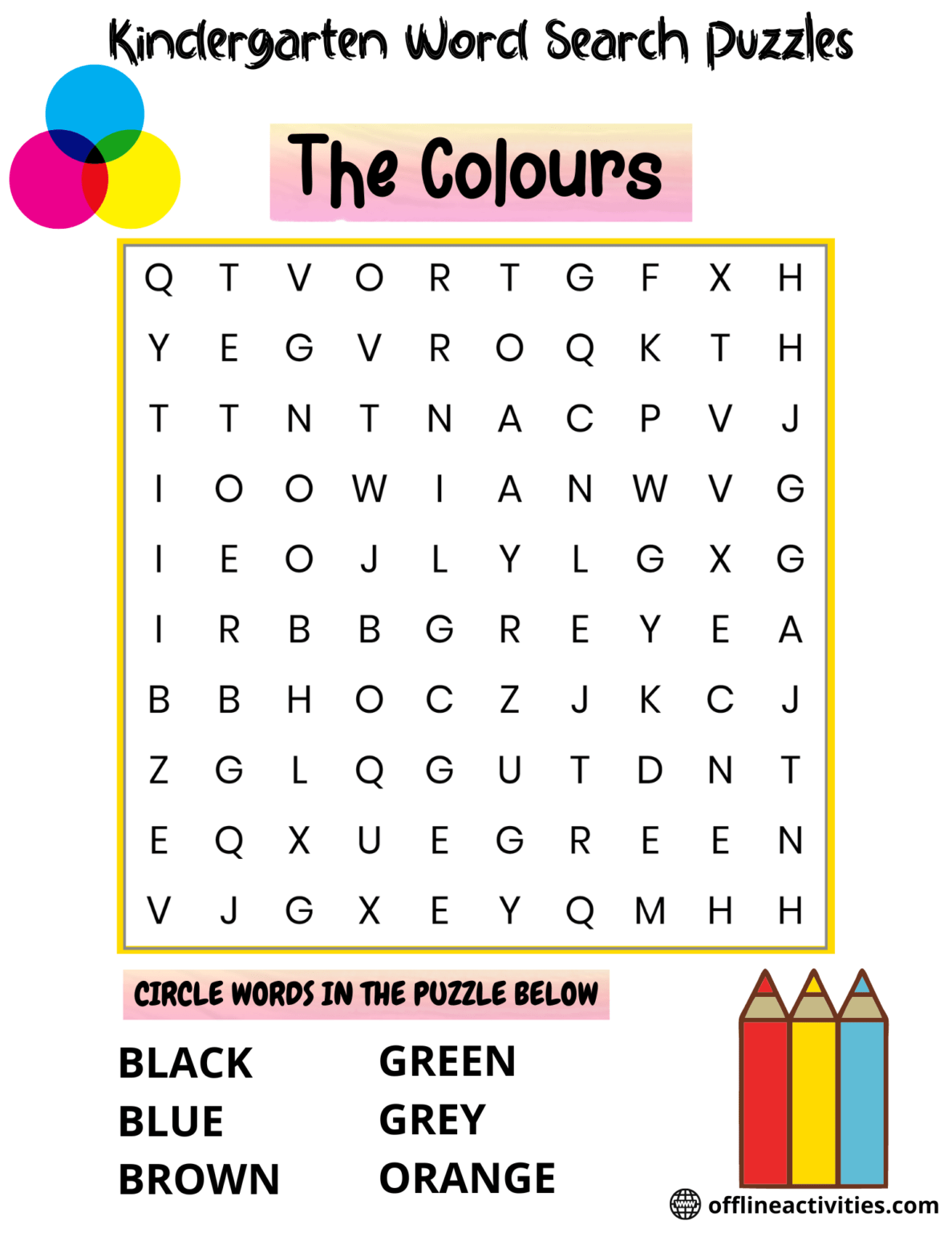 Kindergarten Word Search Puzzles - The Colours