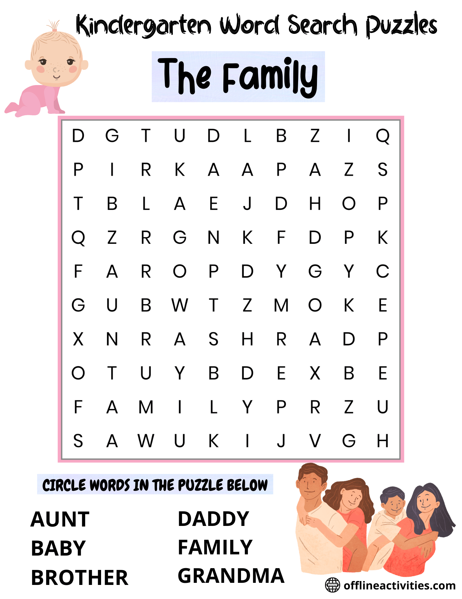 Kindergarten Word Search Puzzles – The Family - Offline Activities