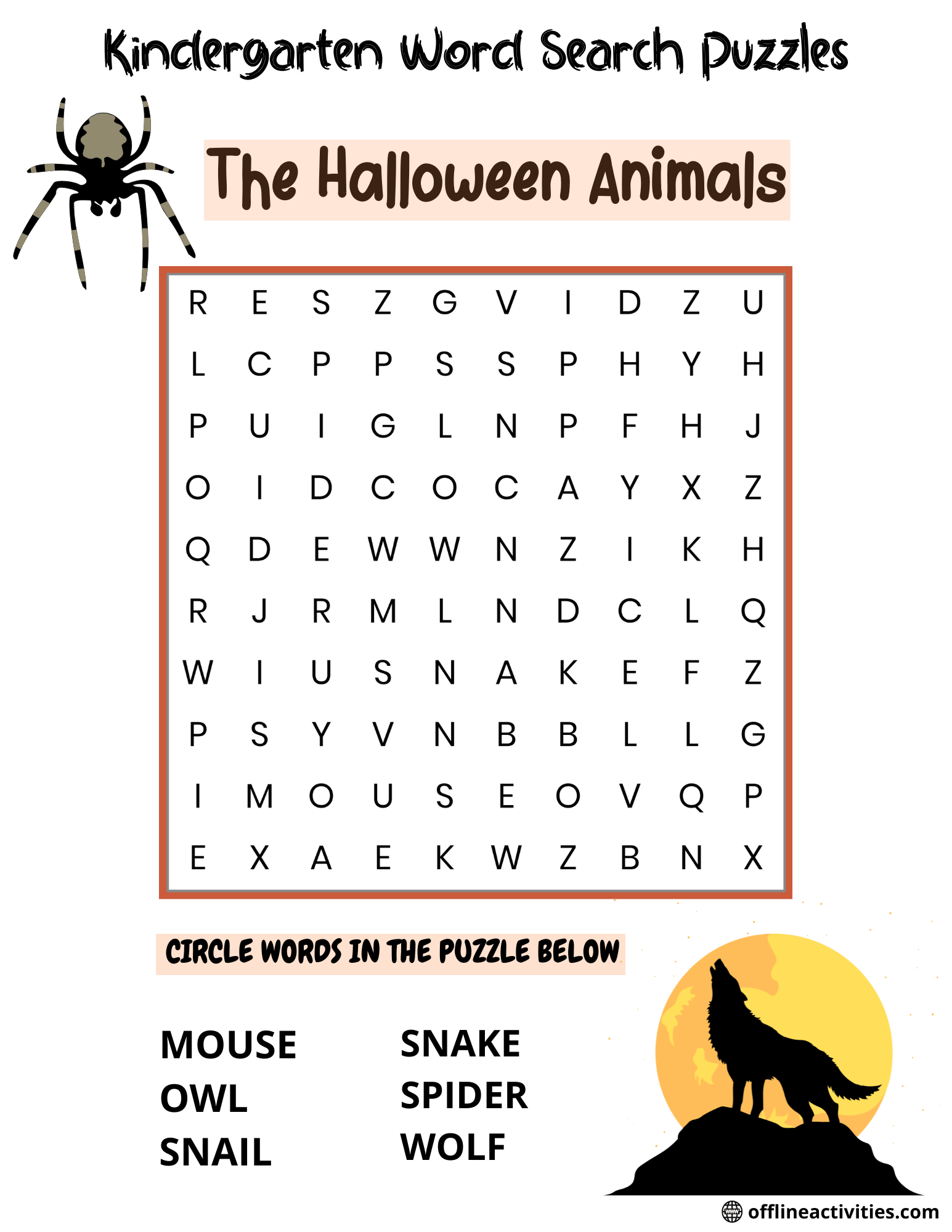 Kindergarten Word Search Puzzles – The Halloween Animals