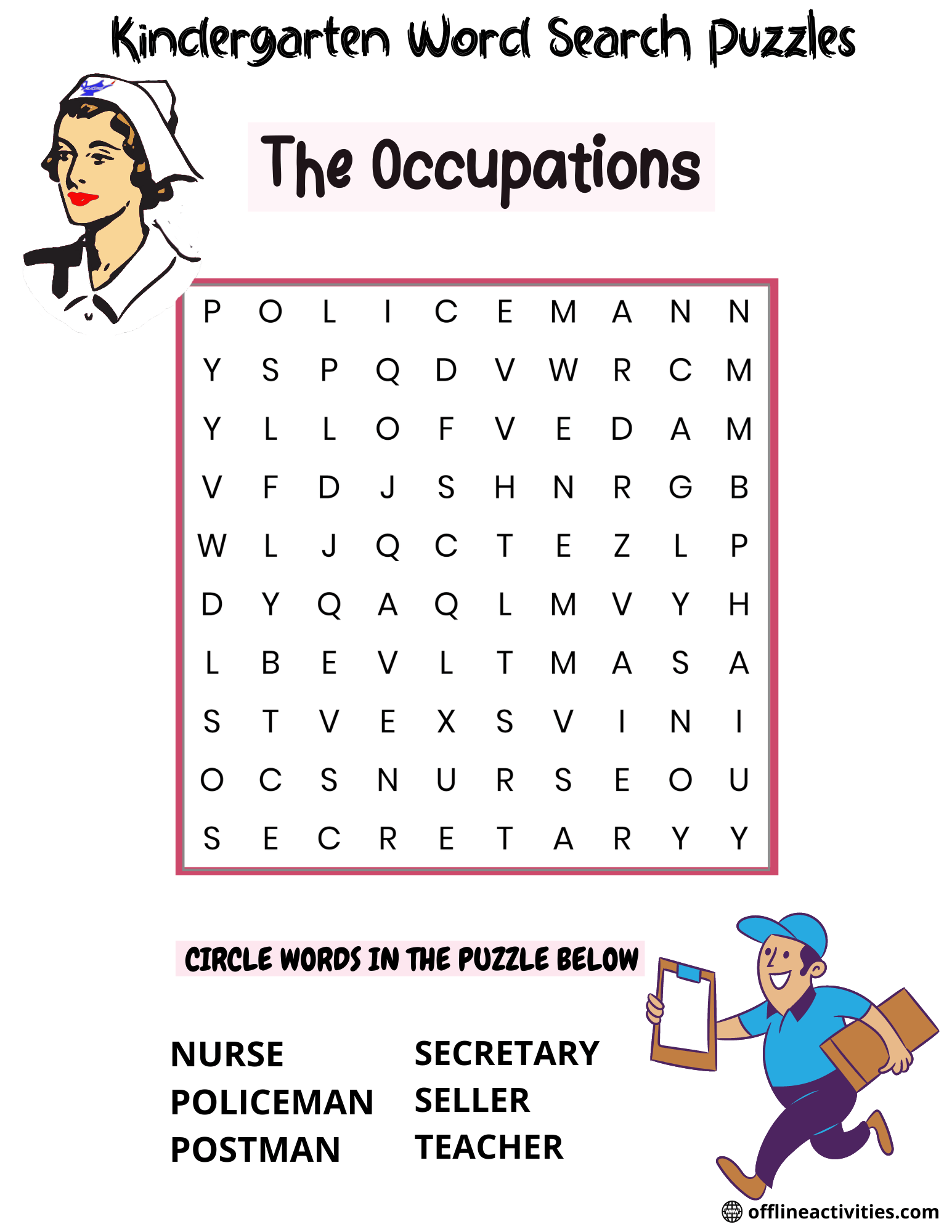 Kindergarten Word Search Puzzles – The Occupations