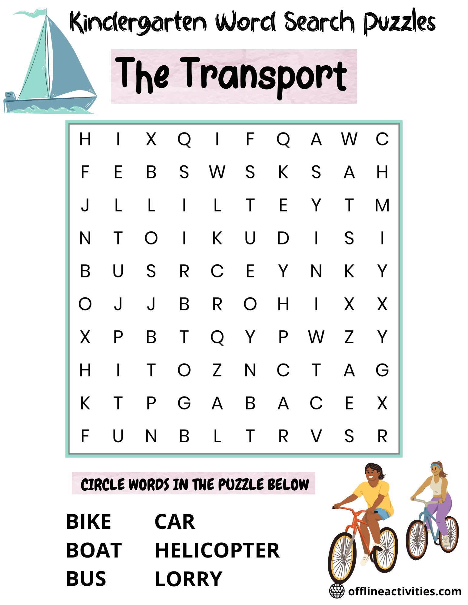 Puzzle Find The Words – The Transport - Offline Activities