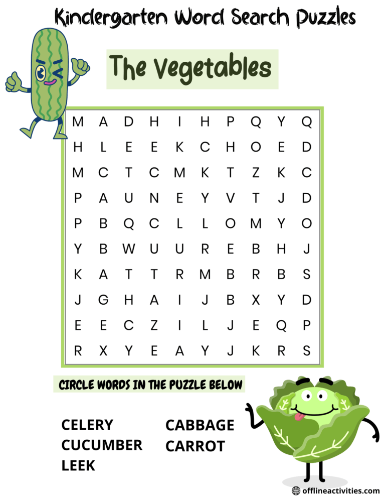 Kindergarten Word Search Puzzles – The Vegetables