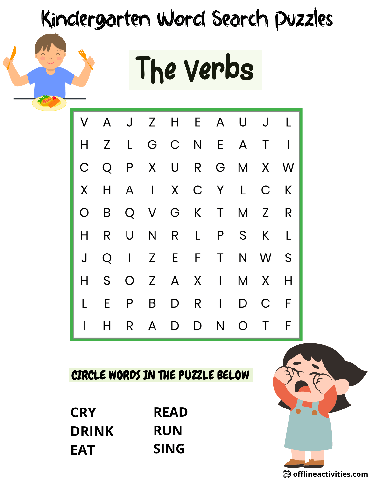 Word Searches for Kindergarten – The Verbs - Offline Activities