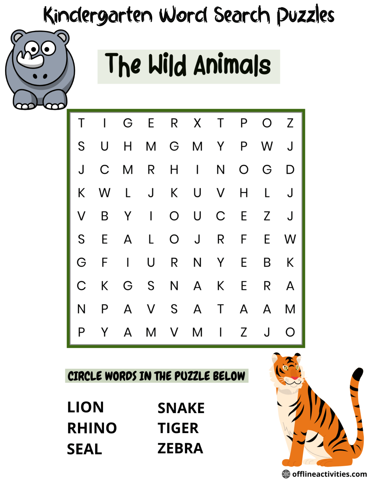 Word Search for Kindergarteners – The Wild Animals