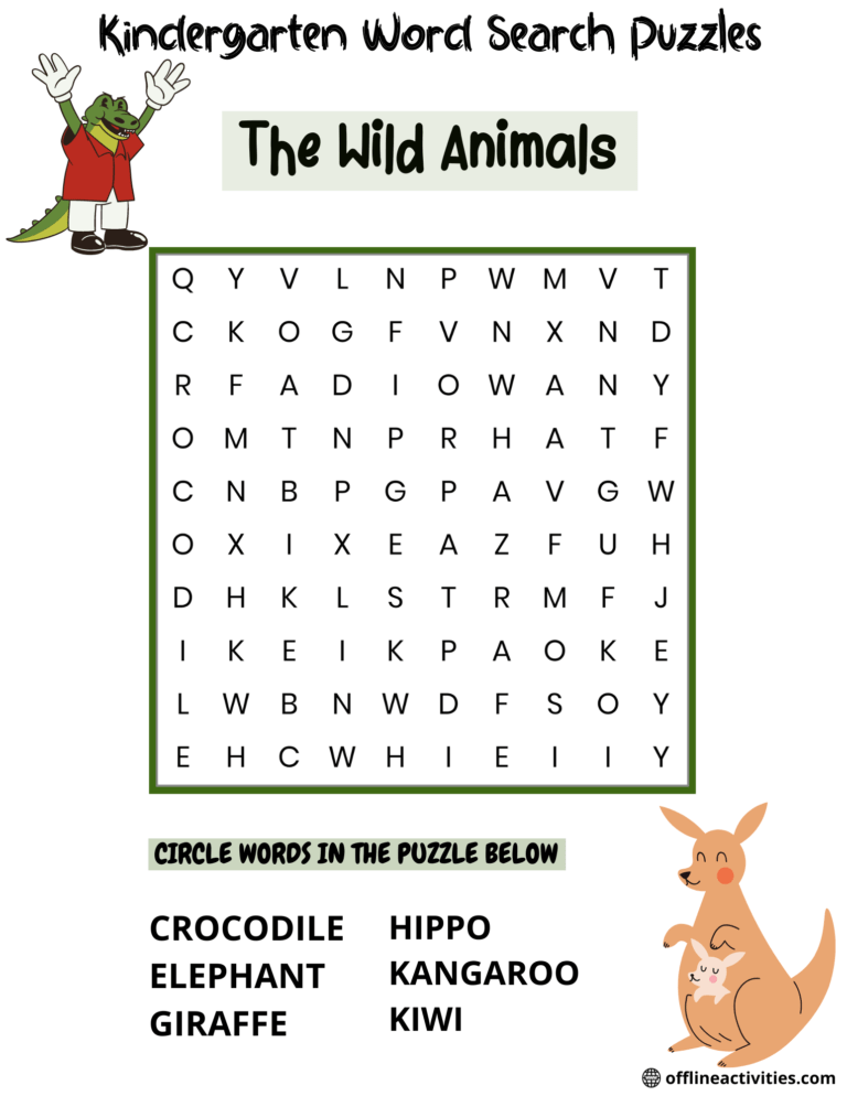 Kindergarten Word Search Puzzles – The Wild Animals