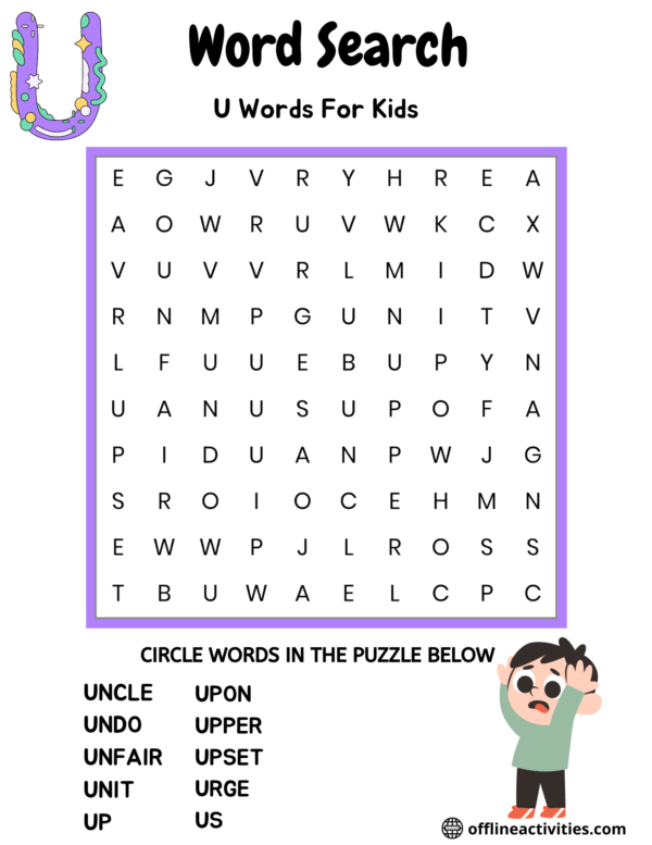 Word Search for Kindergarteners-U words for kids - Offline Activities