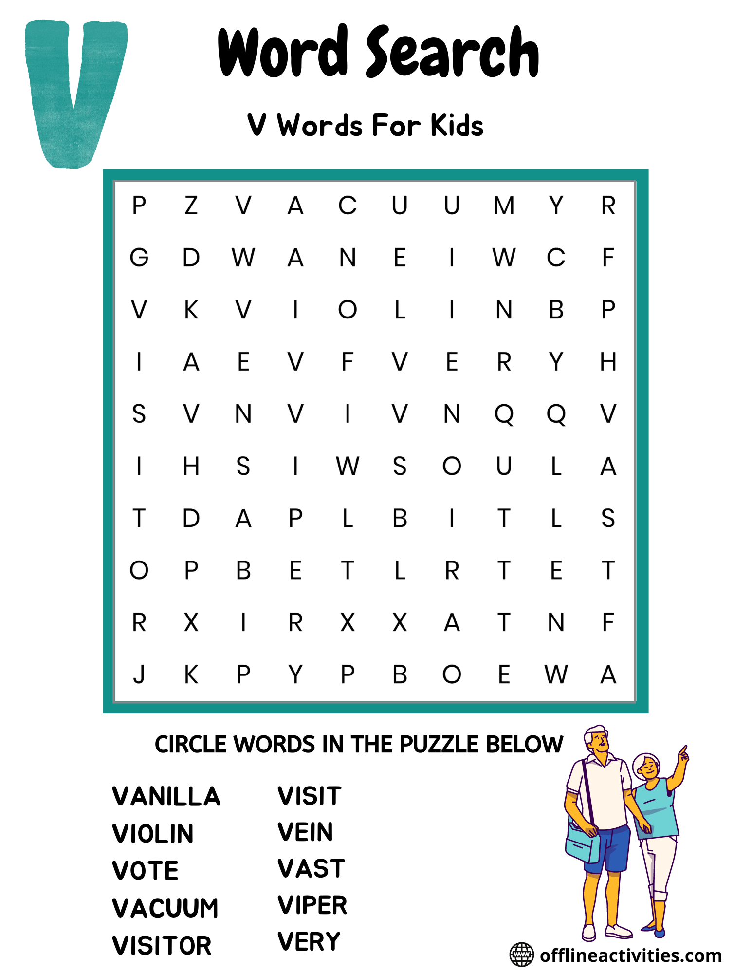 Puzzle Word Search - Letter V - Offline Activities