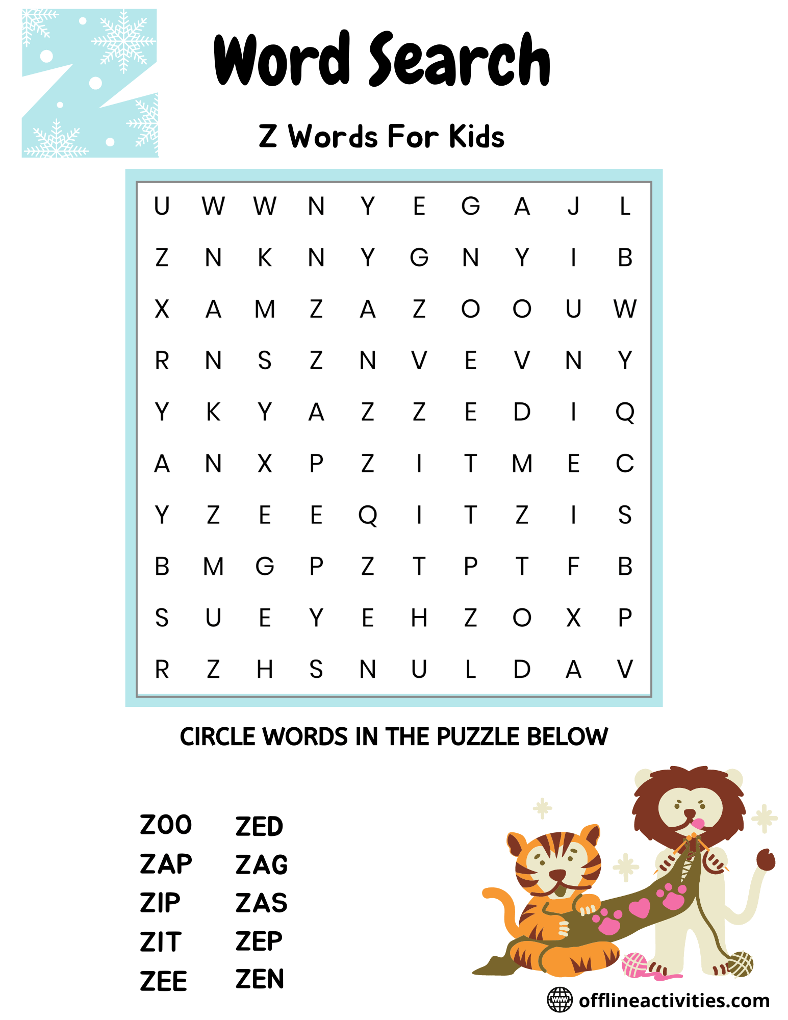 Puzzle Find The Words-Z Words for Kids