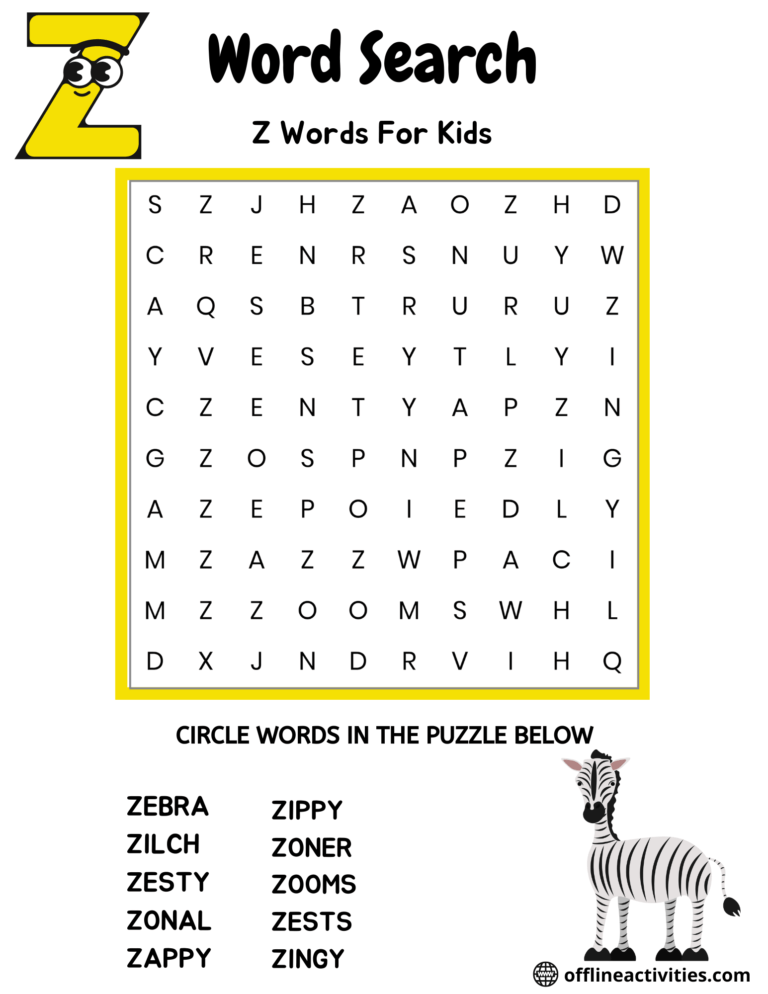 Word Search for Kindergarteners -Z words for kids - Offline Activities
